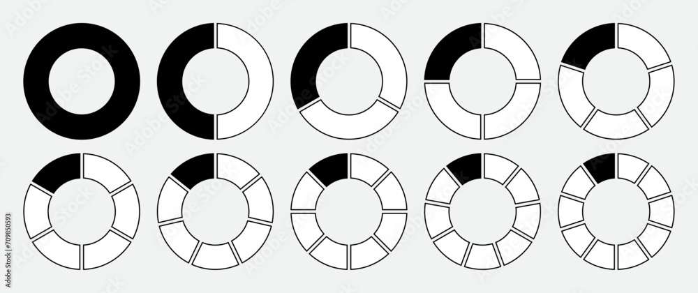 Hollow circle divided into 1-10 parts icon set in black and white color ...