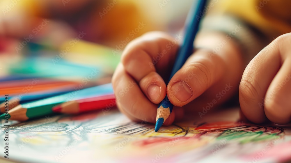 A kid hand using colored pencils drawing on paper. Blurry kindergarten ...