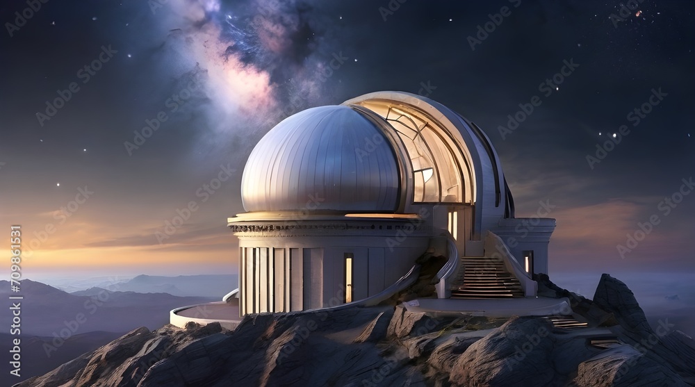 Envision a grand observatory perched atop a mountain peak, where ...