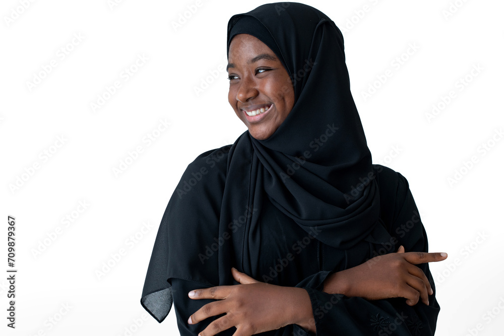 Happy African Muslim girl in black Hijab standing with arms crossed ...
