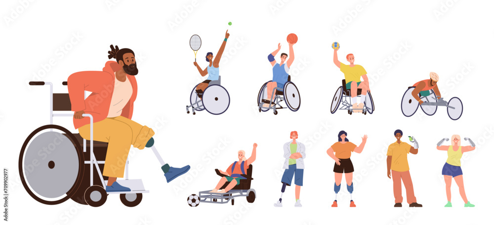 People cartoon character in wheelchair having artificial prosthetics ...