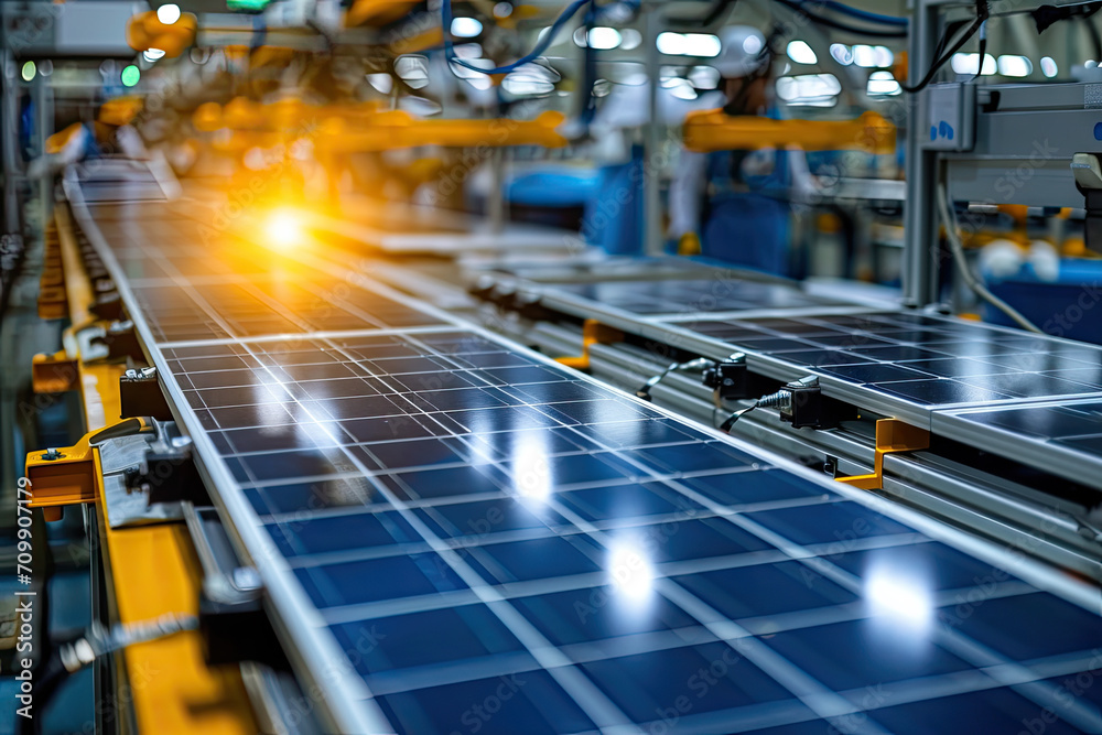 Photograph of a solar panel production line, featuring detailed shots ...
