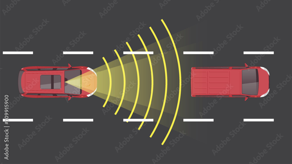 top view flat cartoon of car vehicle high end sensor radar autonomous ...