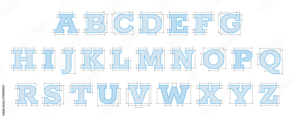 Blueprint font. Modern geometric architectural letters, wireframe ...