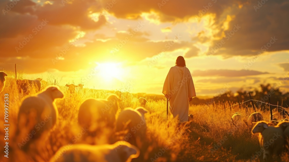 Shepherd Jesus Christ leading the flock and praying to Jehovah God and ...