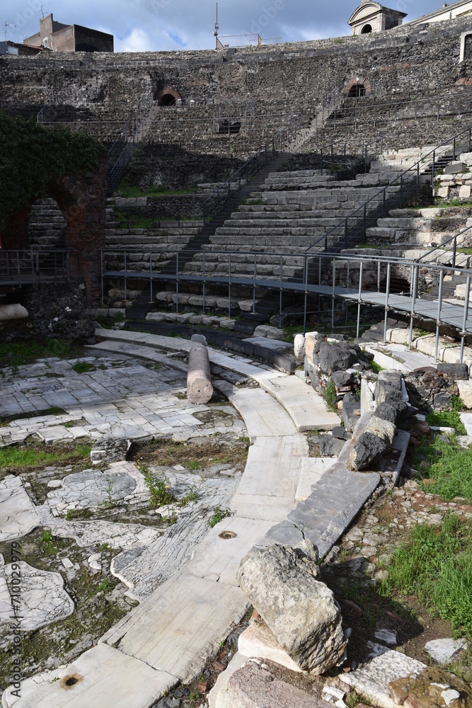Ruins of an amphitheater built in the 2nd century with a stepped ...