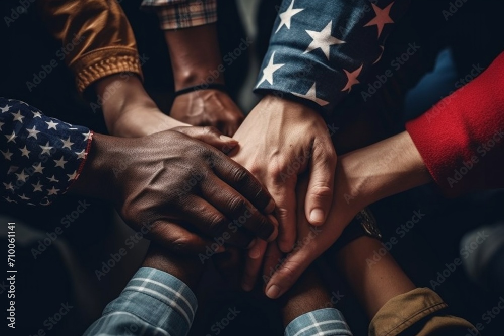Hands of different ethnicities and backgrounds holding the USA flag ...