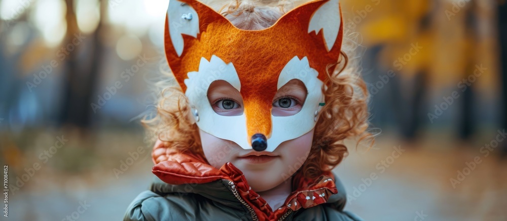 A cute child wearing a handmade fox mask for a carnival. Getting ready ...