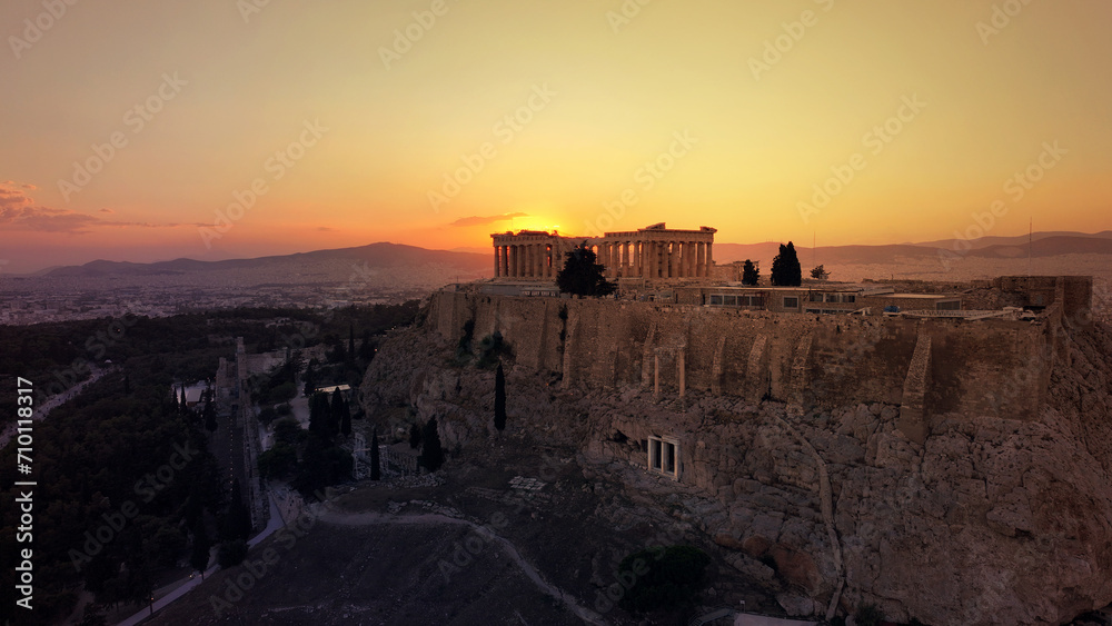 Aerial drone photo of iconic Acropolis hill and the unique masterpiece of Ancient world the ...