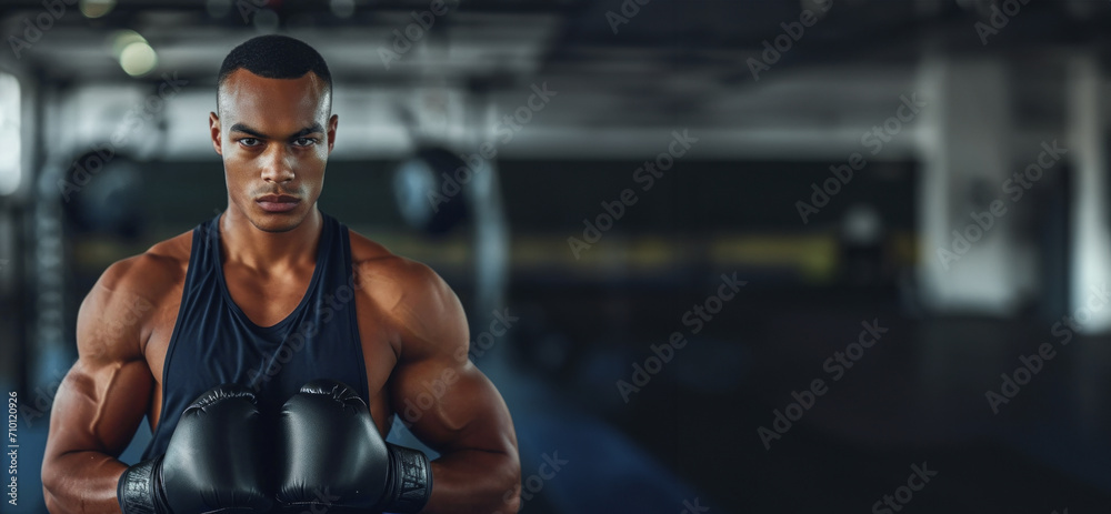 Athletic male boxer posing confidently in a gym environment, showcasing ...