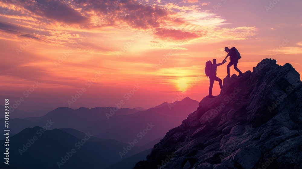 Teamwork friendship hiking help each other trust assistance silhouette ...
