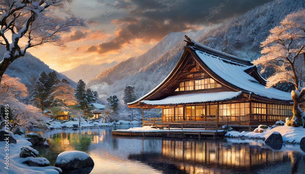 Serenity at sunset: Traditional Japanese house with a dark Onsen ...