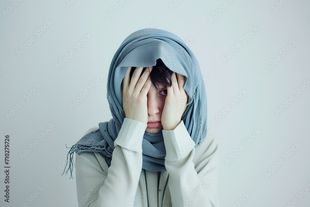 a young woman with a shy, slightly embarrassed look on her face is ...