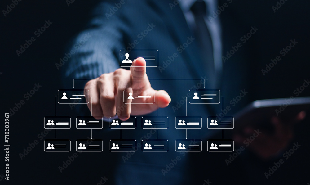 Businessman touch workflow automation system with data diagram of ...