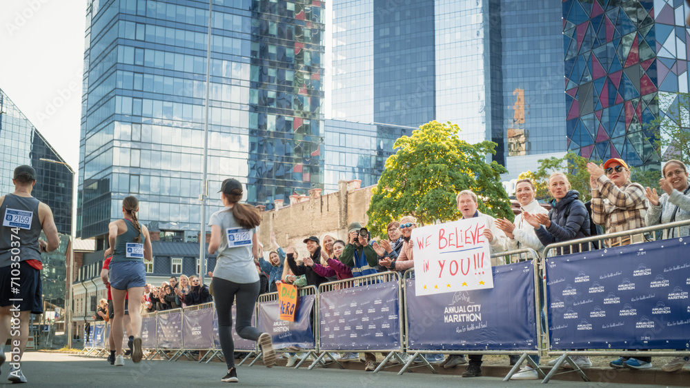 Back View: Diverse Group of Marathon Joggers Competing for the First ...
