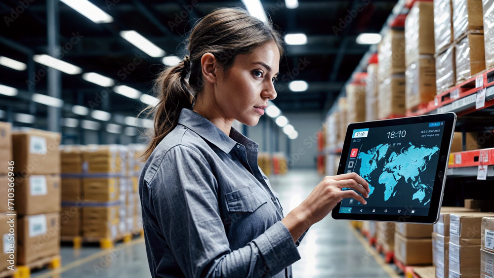 Futuristic Technology Warehouse Concept: Female Worker Doing Inventory ...