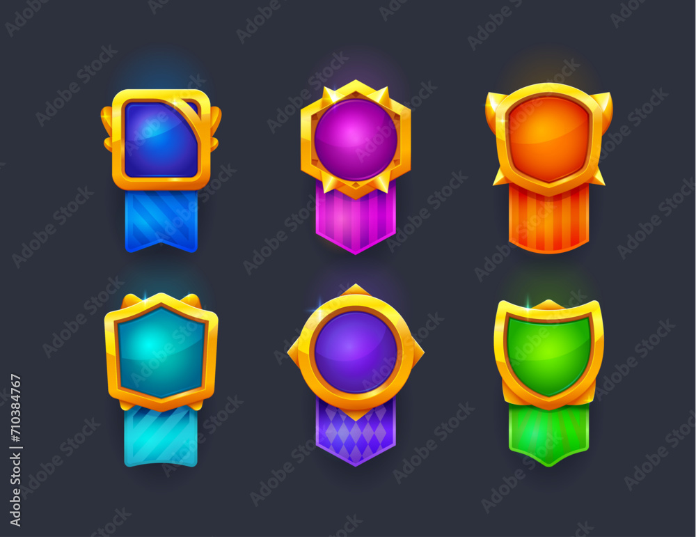 Game award badges and level complete popup shields, vector GUI ...
