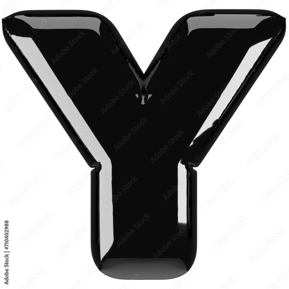 Inflated glossy black letter Y uppercase illustration. 3D render of latex bubble font with glint ...