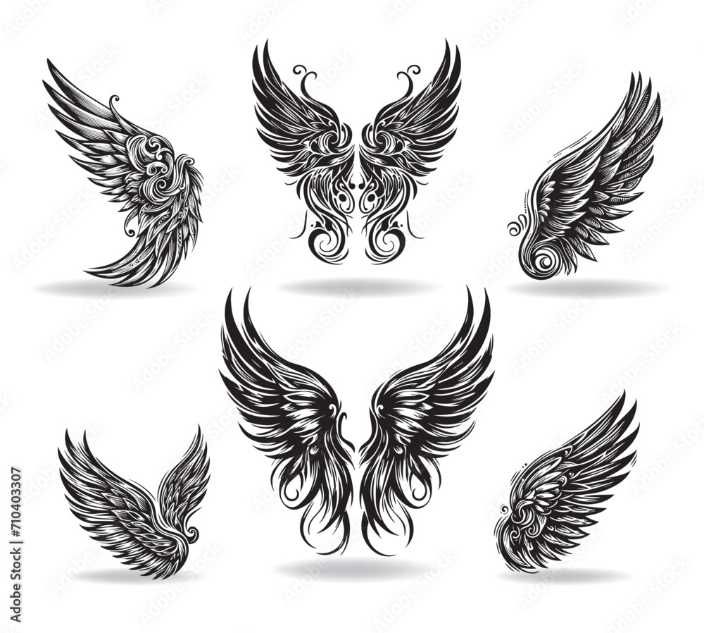 Collection of vector wings the style of engraving Stock Vector | Adobe ...