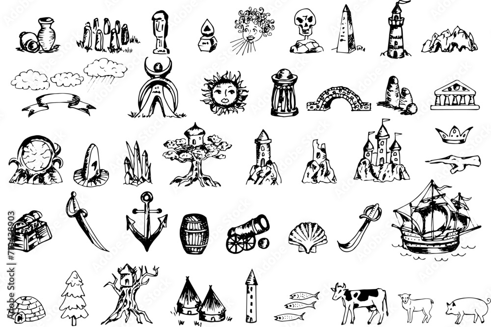 Fantasy map elements, vector symbols that are hand drawn in outlines ...