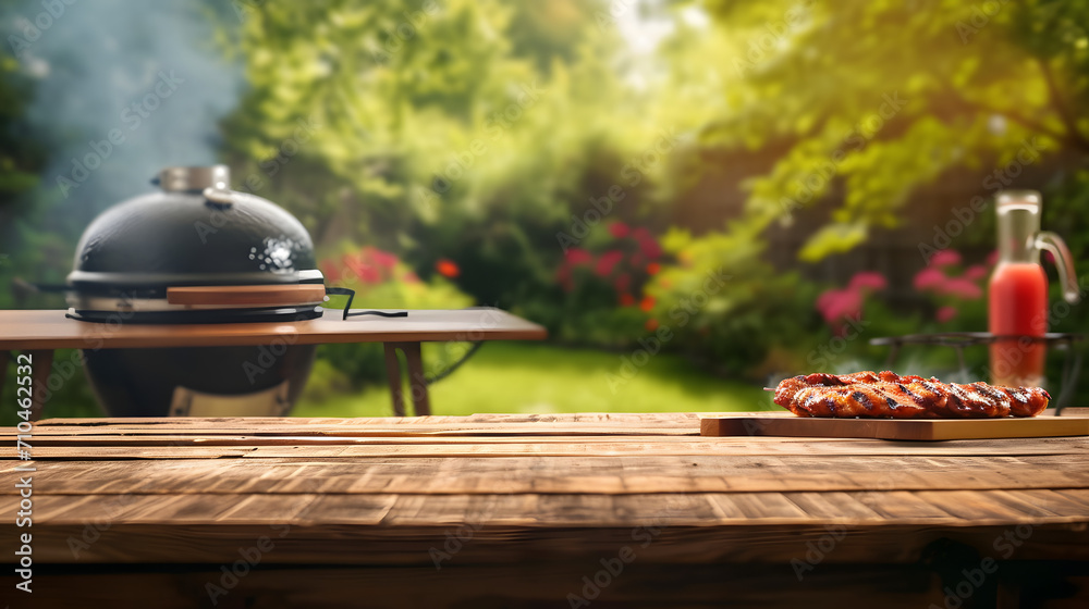BBq grill in the back yard background with empty wooden table Stock ...