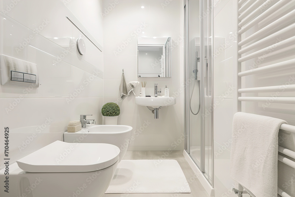 Spacious bathroom in white Design with heated floors, walk-in shower ...