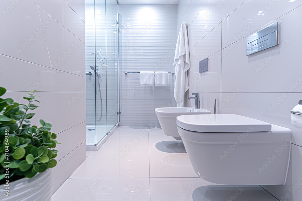 Spacious bathroom in white Design with heated floors, walk-in shower ...