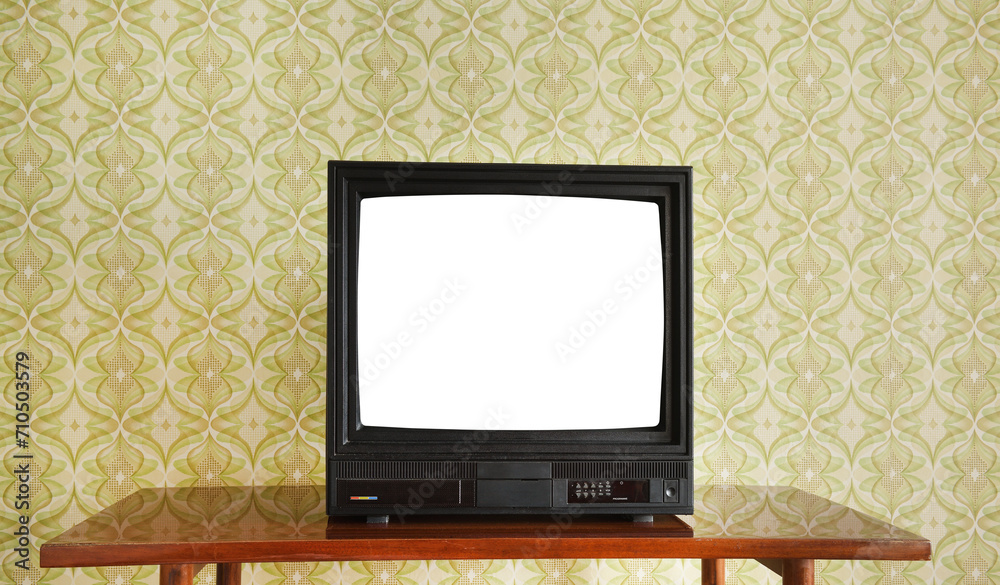 Antique TV with white screen on antique wooden cabinet, vintage design ...