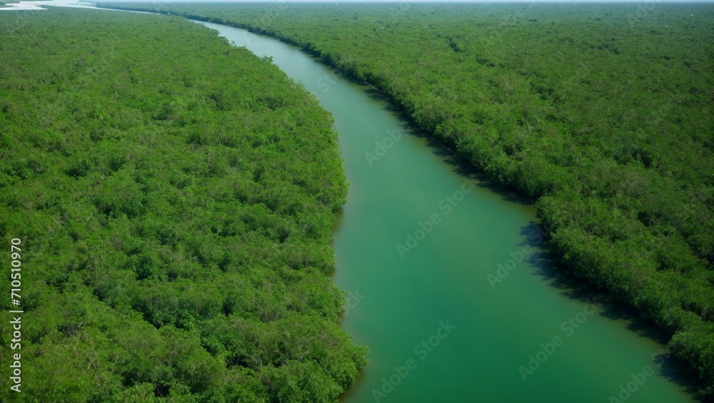 An aerial top view of a mangrove forest, captured by a drone ...