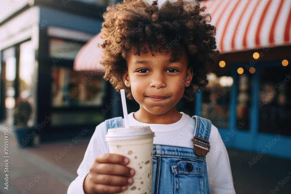 diverse kid drinking milkshake with straw. Cute black boy at american ...