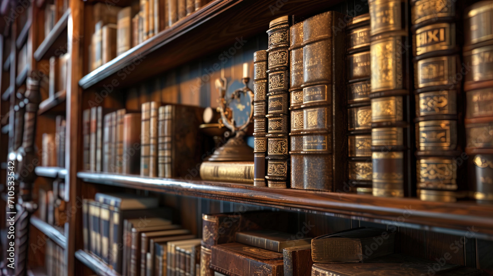 Books in gold bindings laid in alphabetical order create an impressive ...