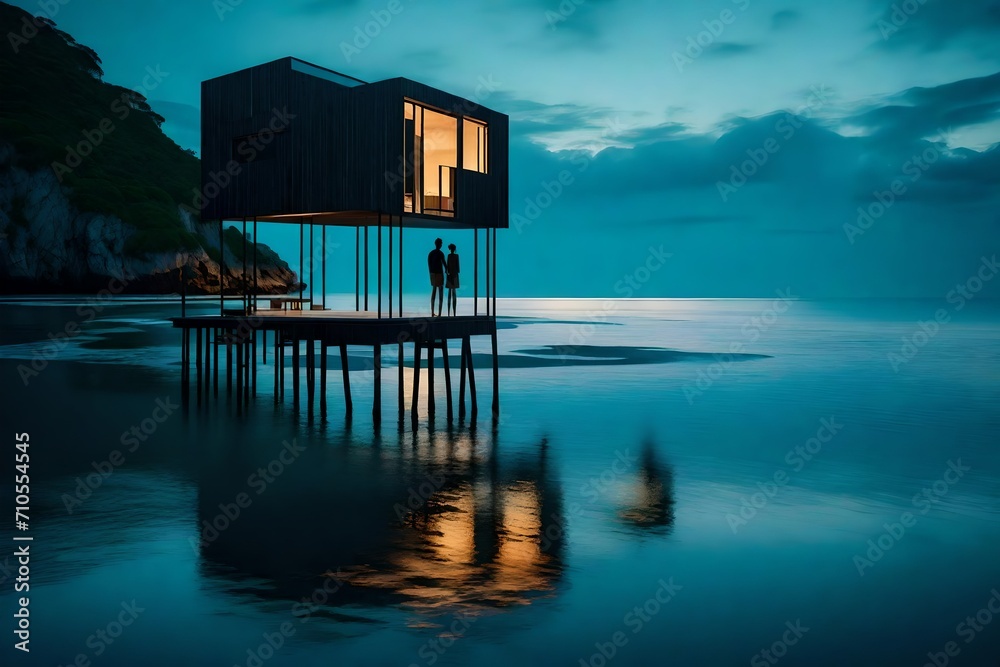 A solitary overwater dwelling standing gracefully on stilts, its ...
