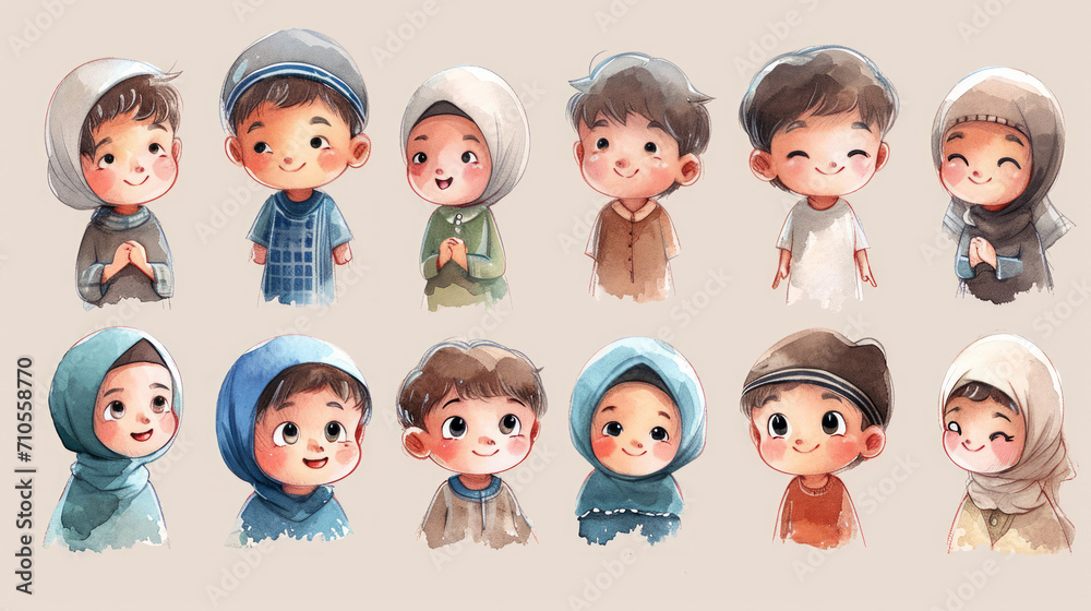 watercolor painting style illustration of Muslim kids in traditional ...