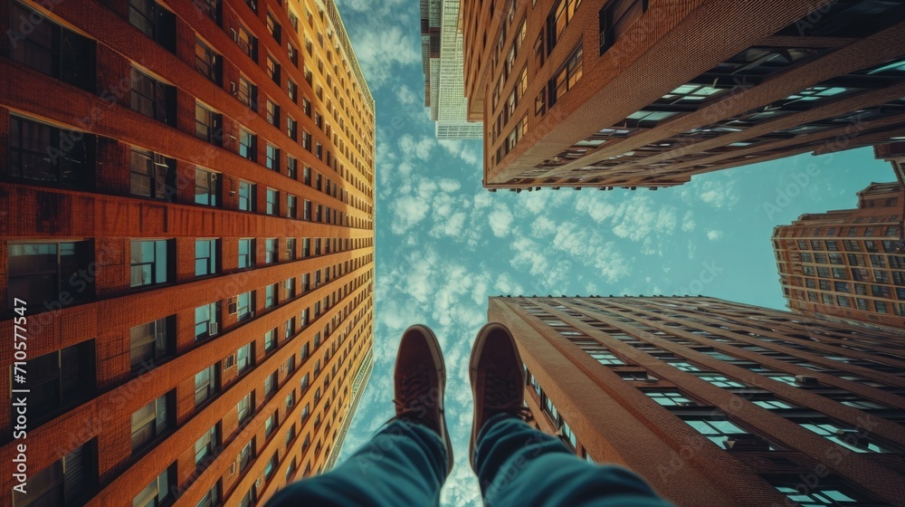 Extreme Angle Shot Looking Down from a Skyscraper, capturing a roofer's ...