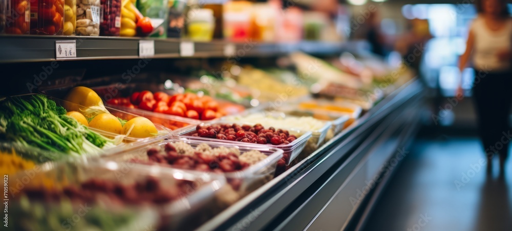 Counter in supermarket with vegetables and fruits. Grocery shopping ...