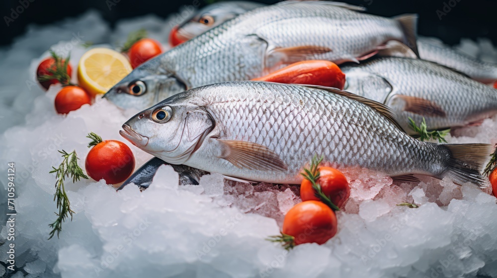 Fresh sea fish on ice with tomatoes on a black background. Photo ...