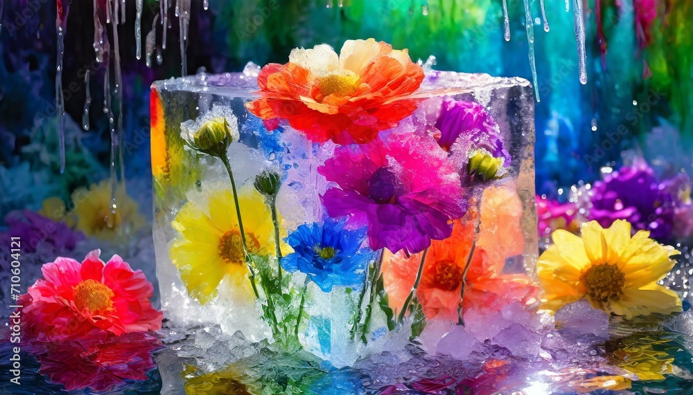 a mesmerizing visual of flowers suspended within an ice cube, each ...