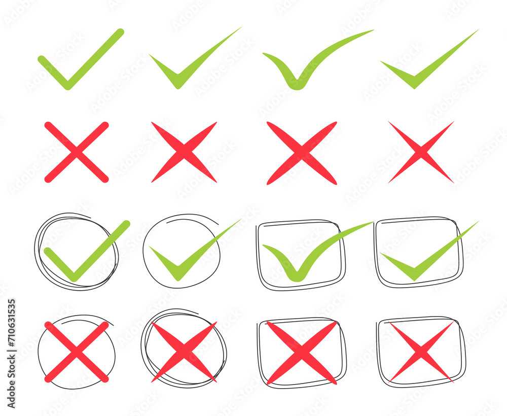 Set of green check mark and red cross icon on circle and square in doodle style. Hand drawn tick ...