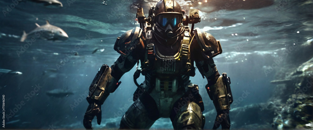 cyborg soldier fighting in underwater in ocean zone using weapon ...
