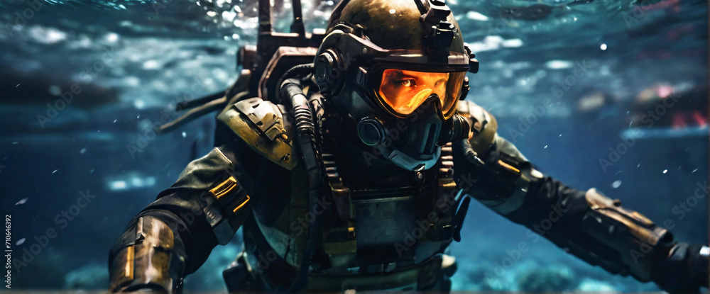 cyborg soldier fighting in underwater in ocean zone using weapon ...