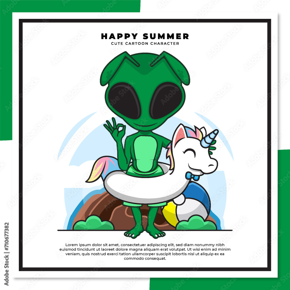 Cartoon illustration of alien wearing a surfboard in the summer Stock ...