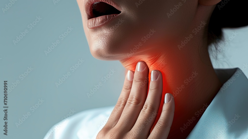 Woman holding on to sore throat, lesion in tonsils, throat disease ...