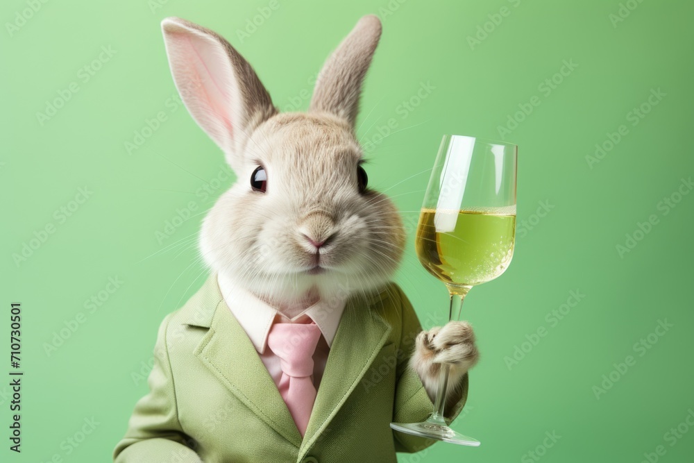 Easter bunny with a glass of wine on a green background. Stock Photo ...