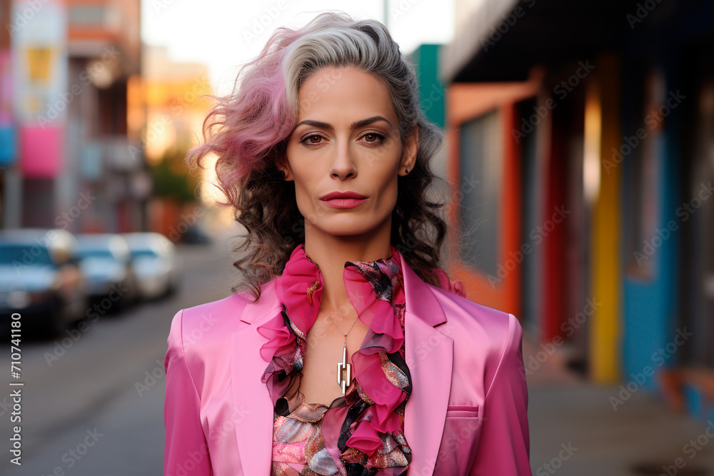 Beautiful bright transgender woman with pink hair and clothes close-up ...