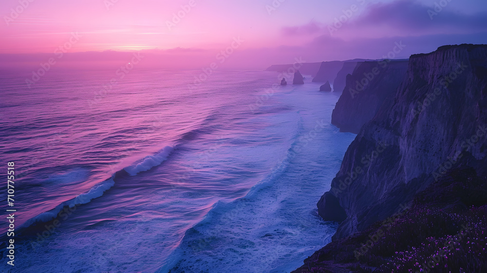 A cliffside view, with gradient neon oceans and pastel skies, during an ...