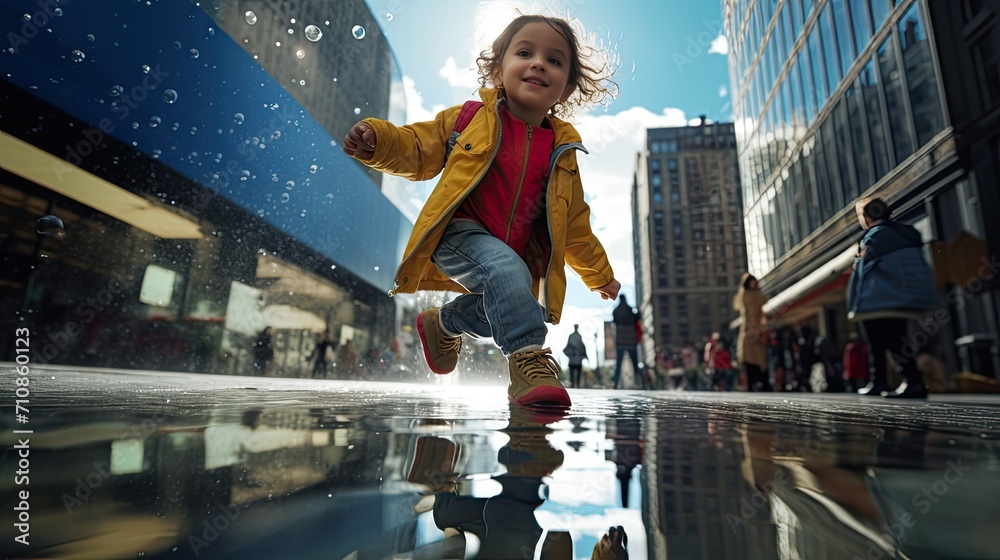 the action of a child jumping into a puddle or running through the rain ...