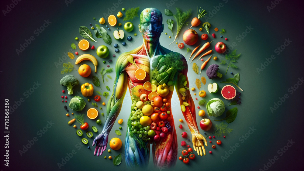 Vibrant anatomical illustration with fruits and vegetables as human ...