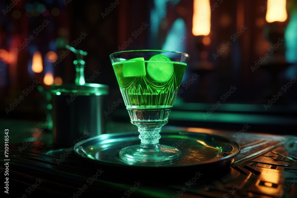 absinthe cocktail drink on pub counter with neon green light. St ...
