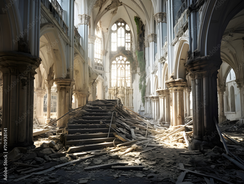 The crumbling ruins of a medieval church reveal a grand arcade of ...