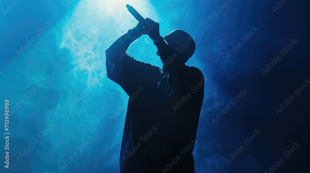 Silhouette of rap singer performing on stage. Bright blue background ...